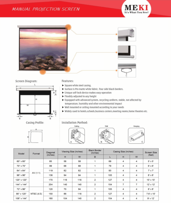Meki Manual Projector Wall Screen Size 84″ x 84″ for LED/LCD Projector ...
