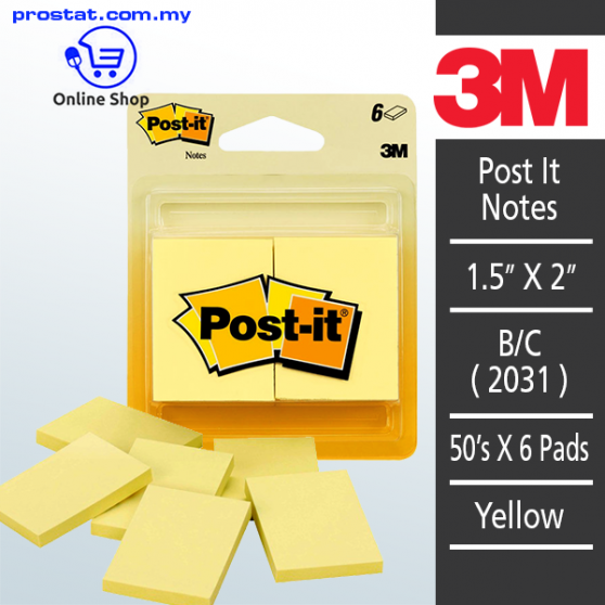 3M Post It Notes 1.5" X 2" B/C ( 2031 ) 50's X 6 Pads - Yellow Best ...